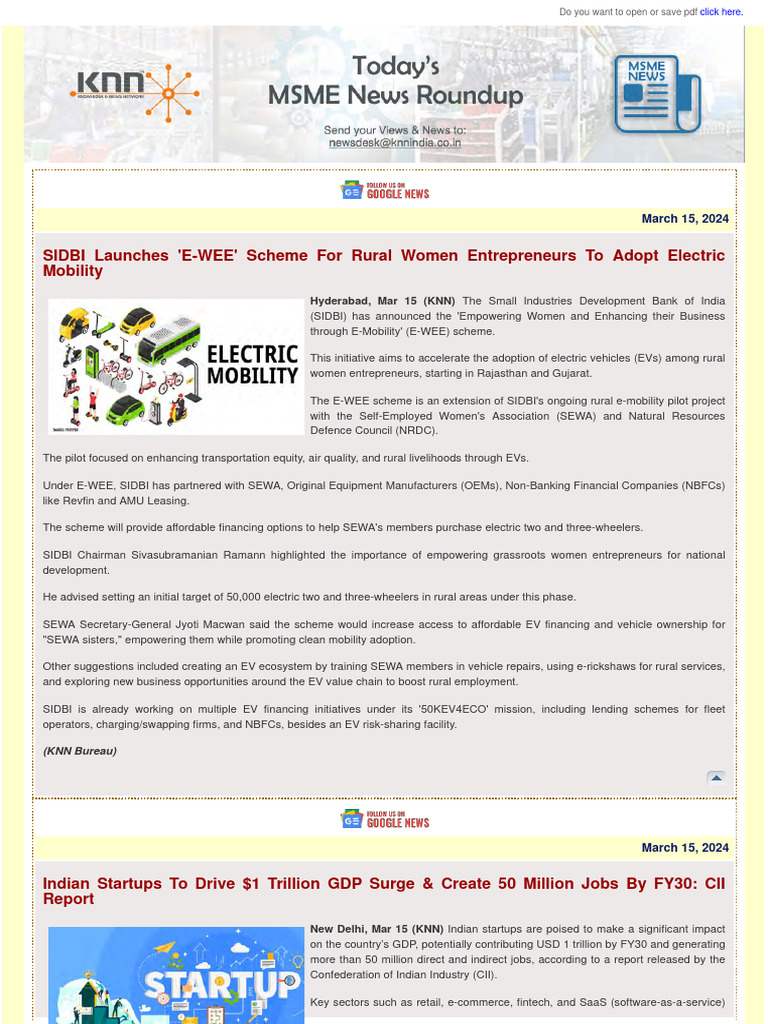 MSME Roundup March 15, 2024 | Download Free PDF | E Commerce | Startup Company