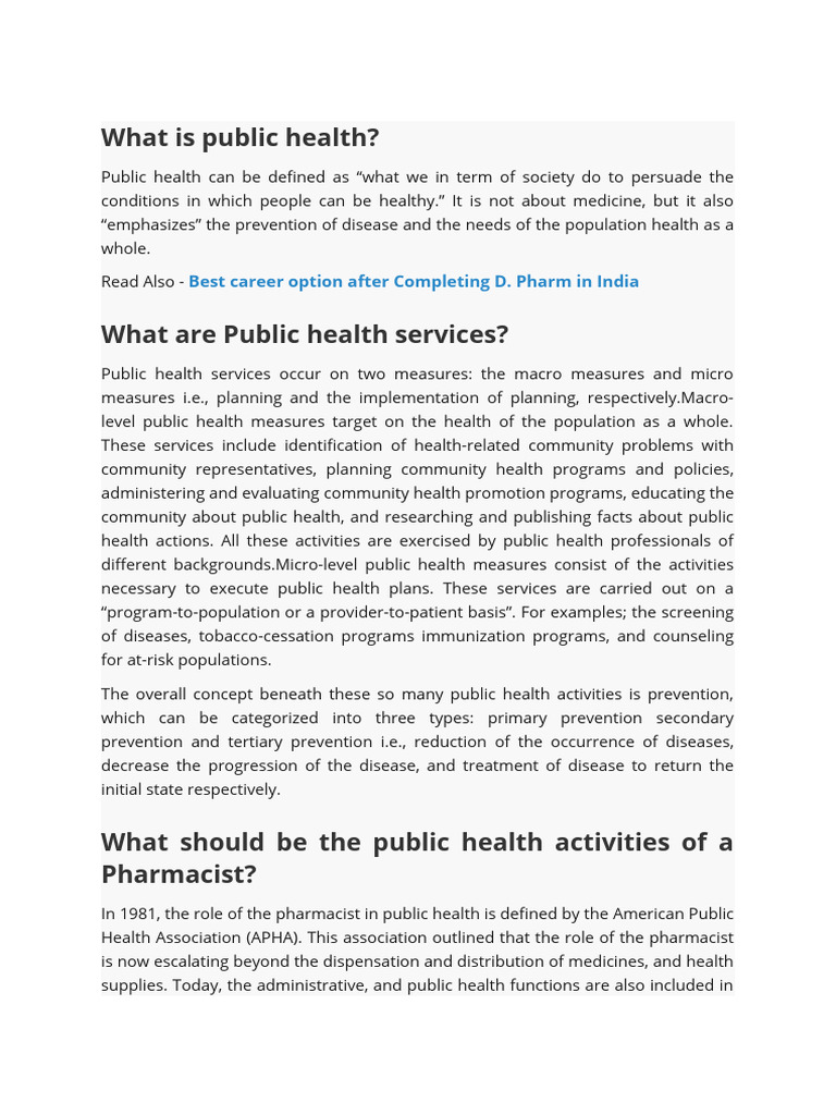Role of Pharmacist in Public Health | PDF | Pharmacy | Public Health