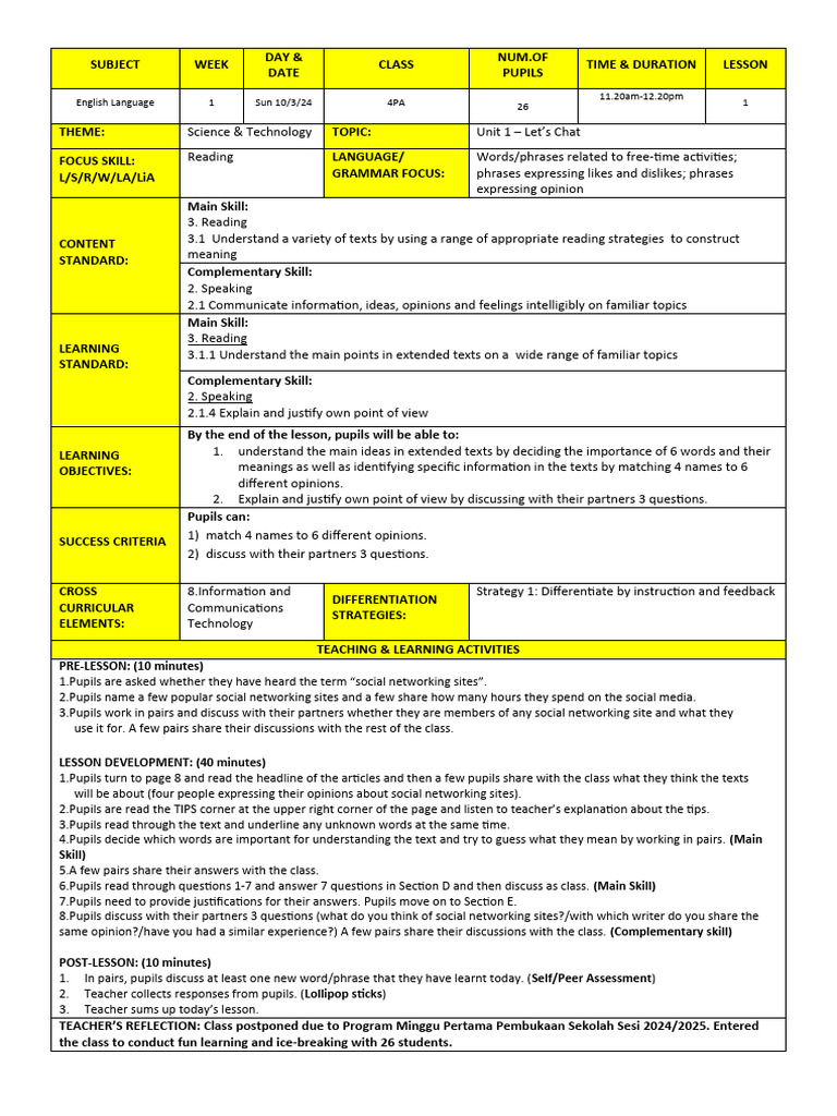 Contoh Lesson Plan Bahasa Inggeris Cefr 1 | PDF | Curriculum ...