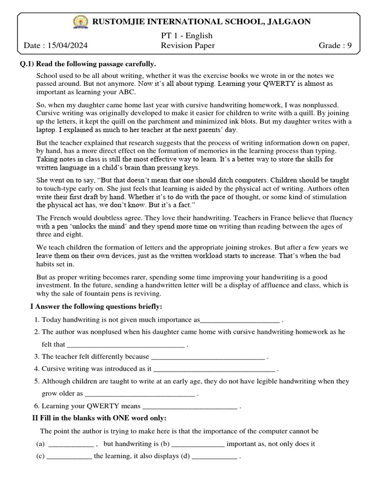 PT 1 - Grade 9 English Revision Paper-1 | PDF | Biofuel | Fuels