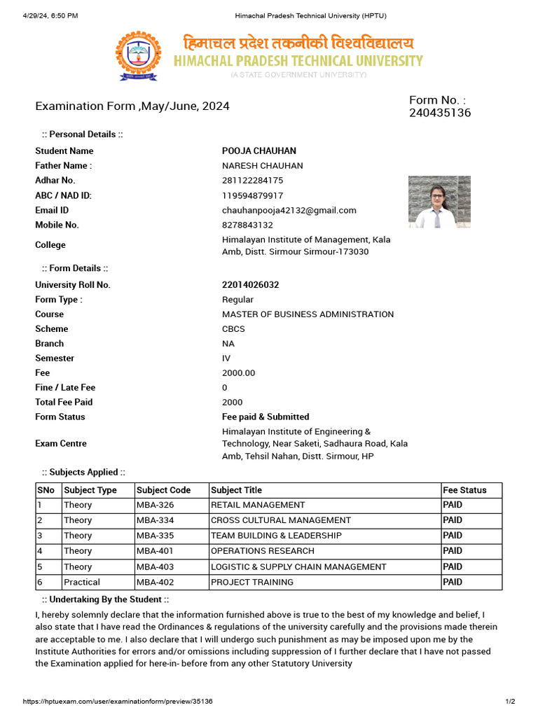 HPTU MBA Exam Form Submission 2024 | PDF | Business