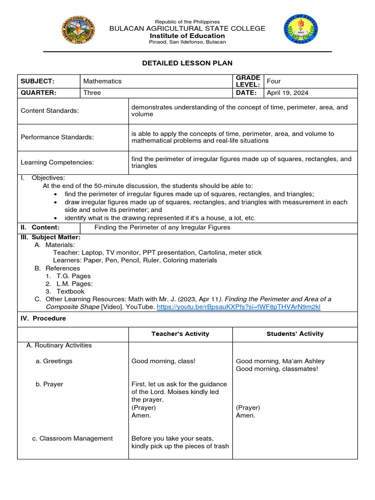 DLP - MATH4 - Perimeter of Irregular Figures | PDF | Rectangle | Elementary Geometry