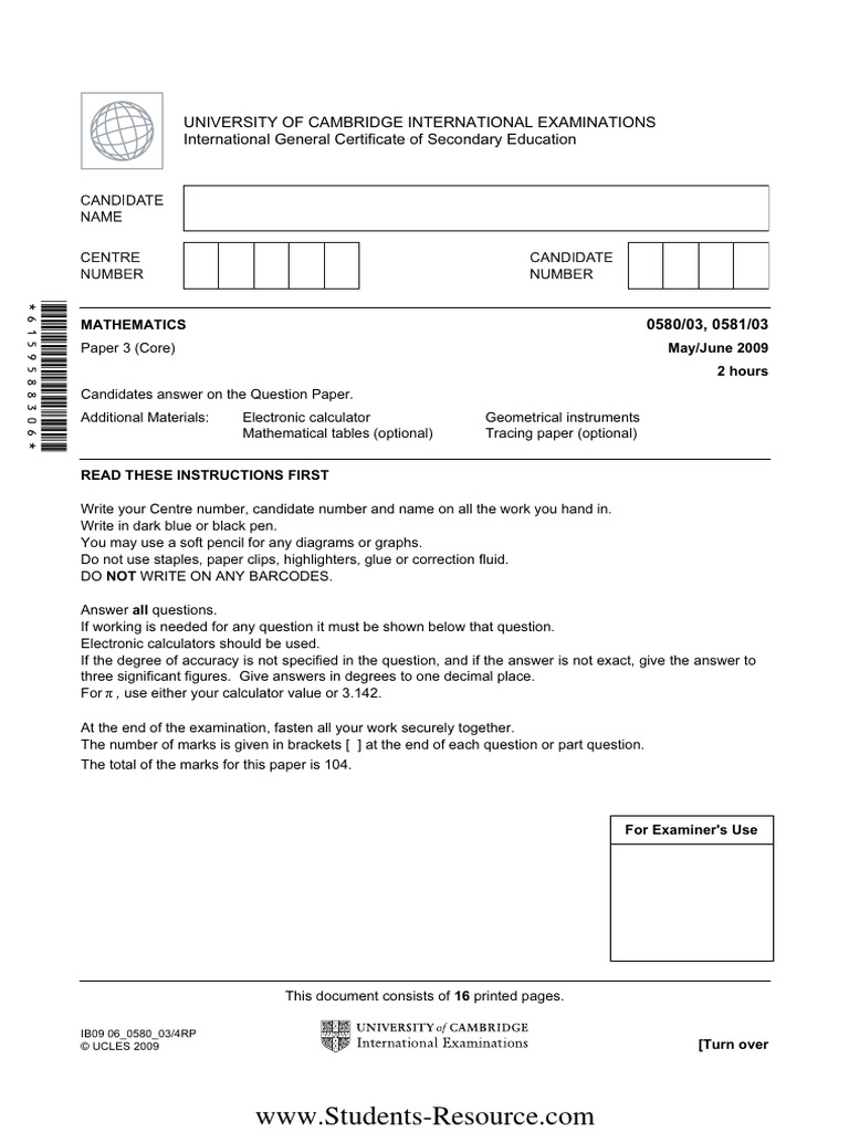 Cambridge IGCSE Mathematics Paper 3 | PDF | Shape | Area