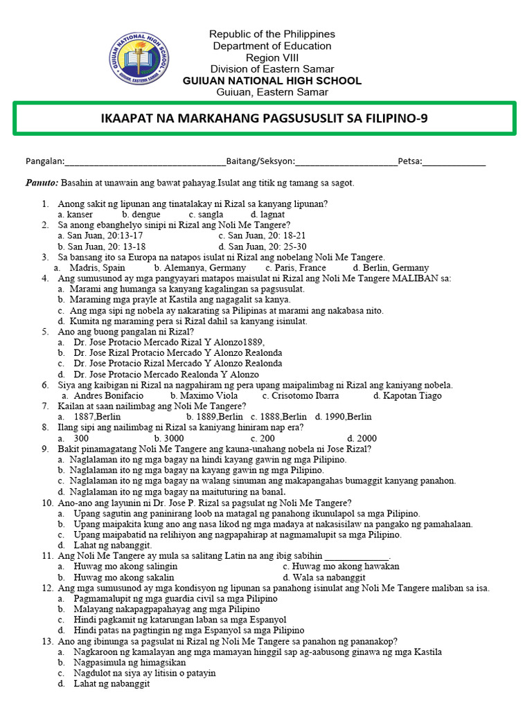 Ikaapat Na Markahang Pagsusulit Sa Filipino | PDF