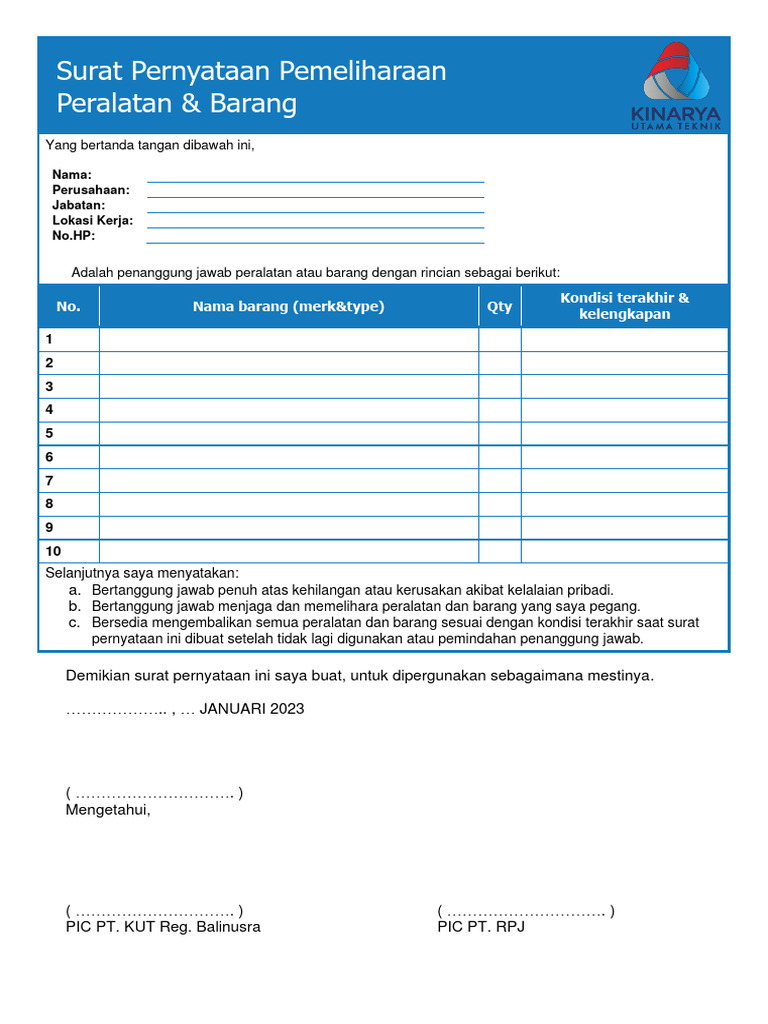 Surat Pernyataan Pemeliharaan Aset | PDF