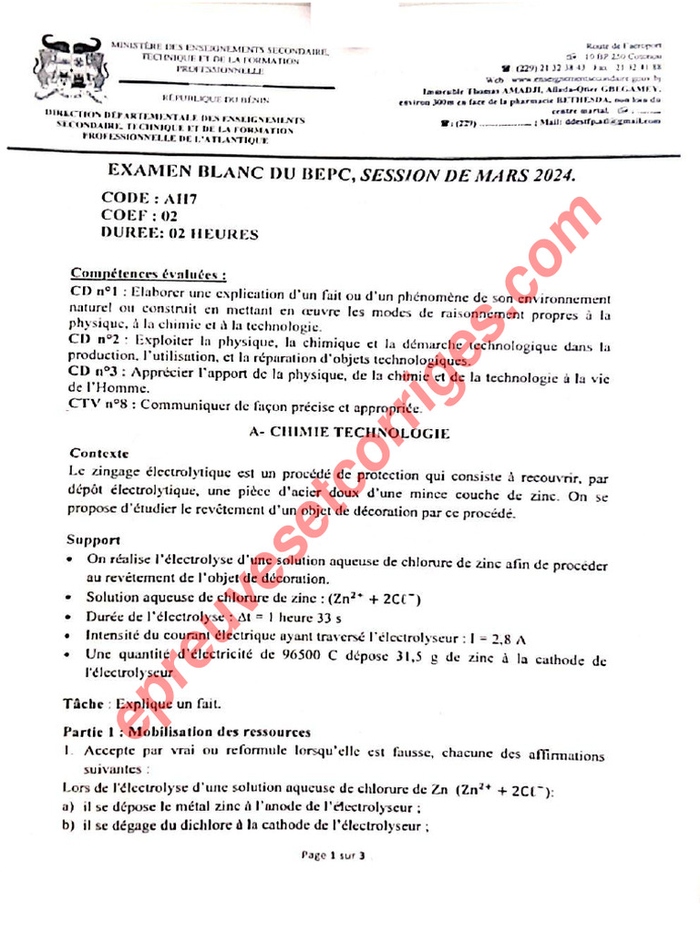 Bepc Blanc 2024 Départemental de L'atlantique PCT | PDF