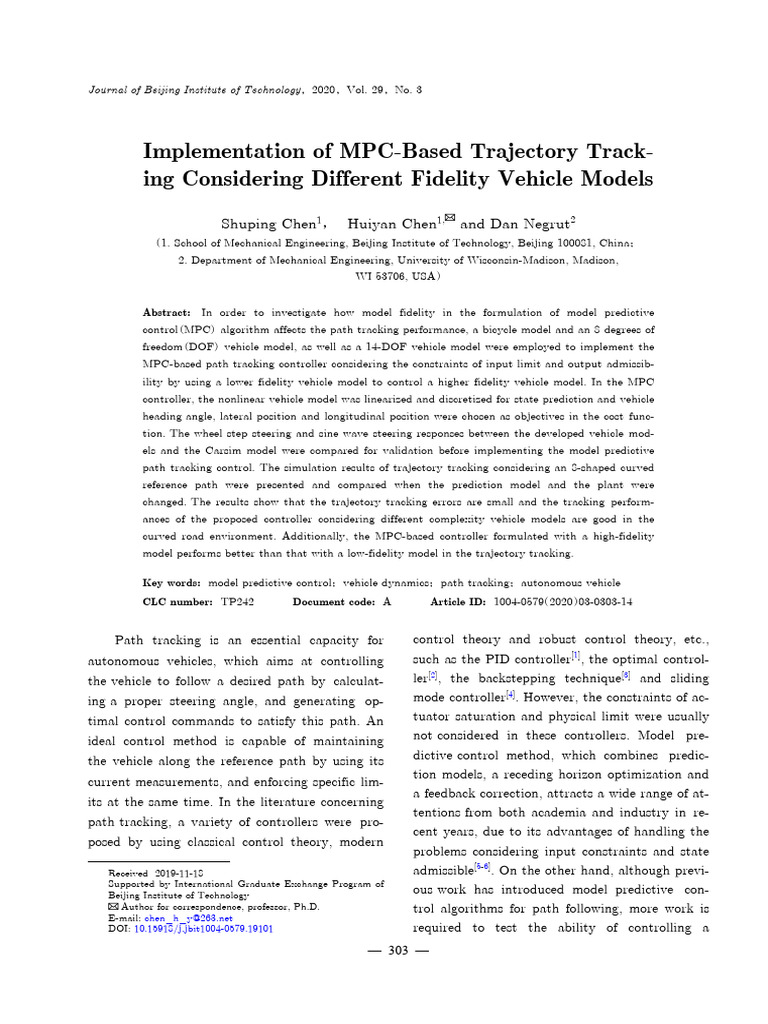 Implementation of MPC-Based Trajectory Tracking Considering Different Fidelity Vehicle Models ...