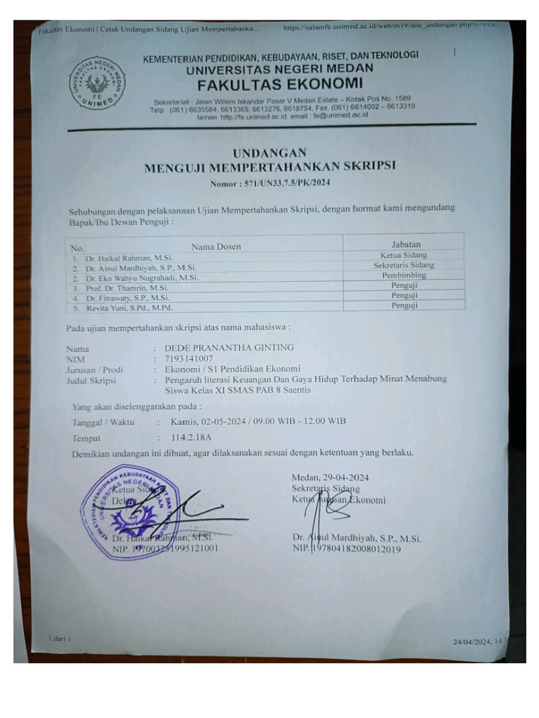 Surat Undangan Sidang Dede Pranantha Ginting | PDF