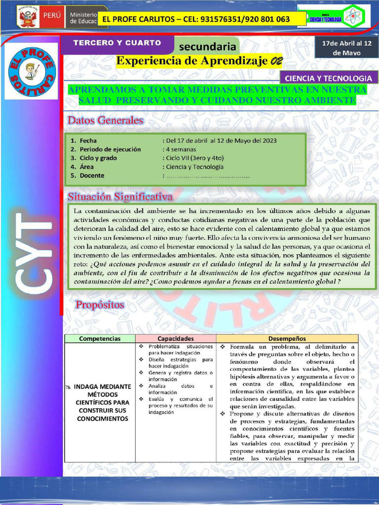 Experiencia de Aprendizaje 02 - 3ero y 4to - Ciencia y Tecnologia - 2023 - 00001 | PDF