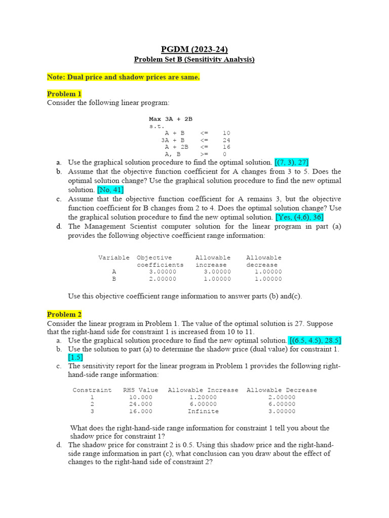 IOR Problem Set - Sensitivity Analysis | PDF | Linear Programming ... IOR Problem Set - Sensitivity Analysis | PDF | Linear Programming ...