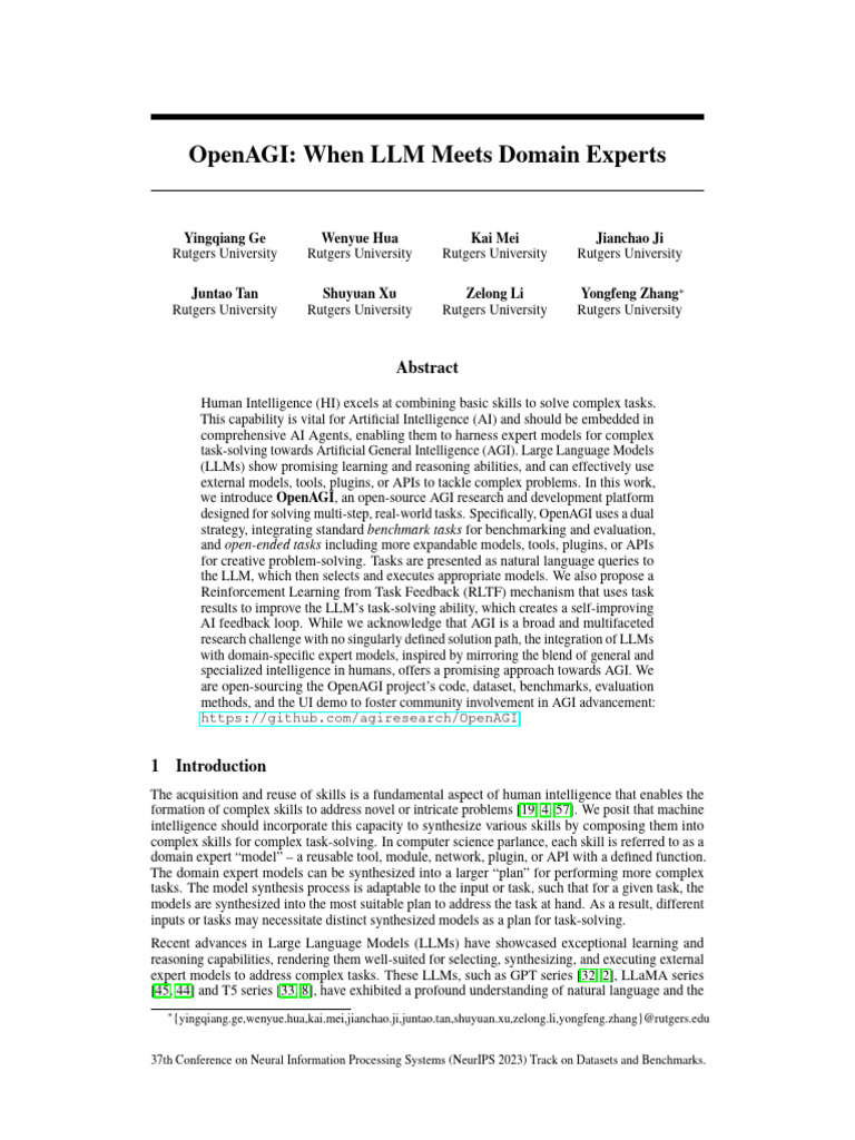 NeurIPS 2023 Openagi When LLM Meets Domain Experts Paper Datasets - and - Benchmarks | PDF ...