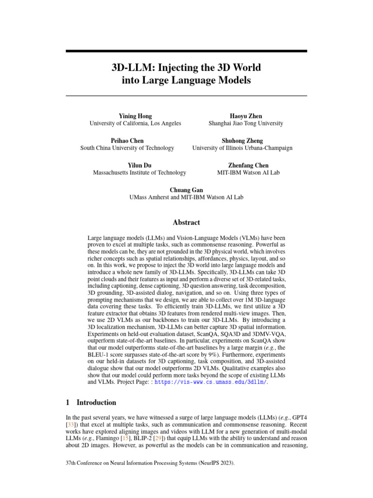 NeurIPS 2023 3d LLM Injecting The 3d World Into Large Language Models Paper Conference | PDF | 3 ...