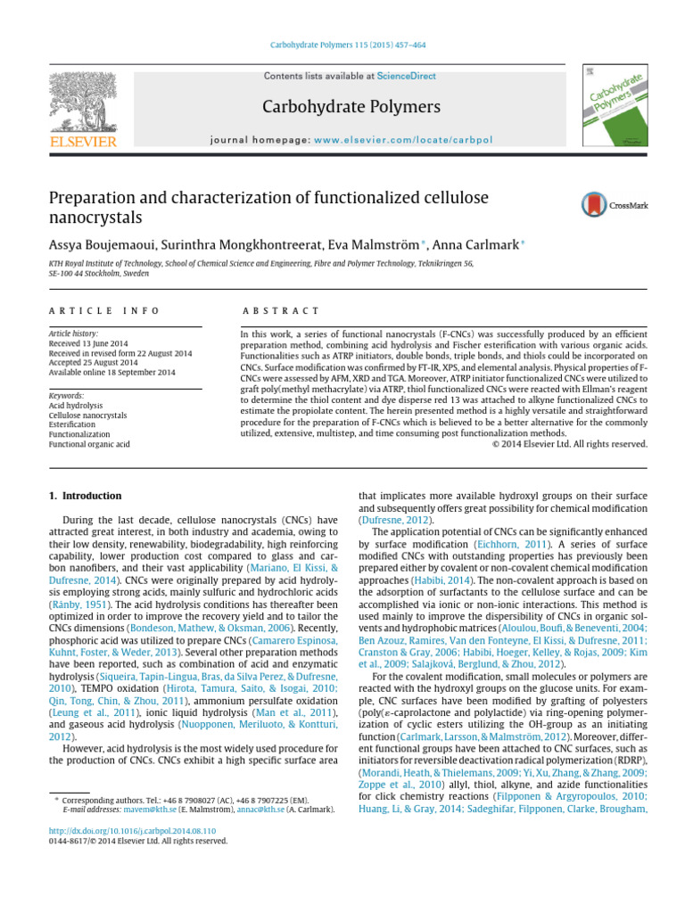 Preparation and Characterization of Functionalized Cellulose ...