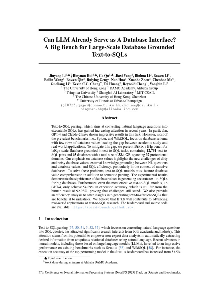 Can LLM Already Serve As A Database Interface? A Big Bench For Large ...