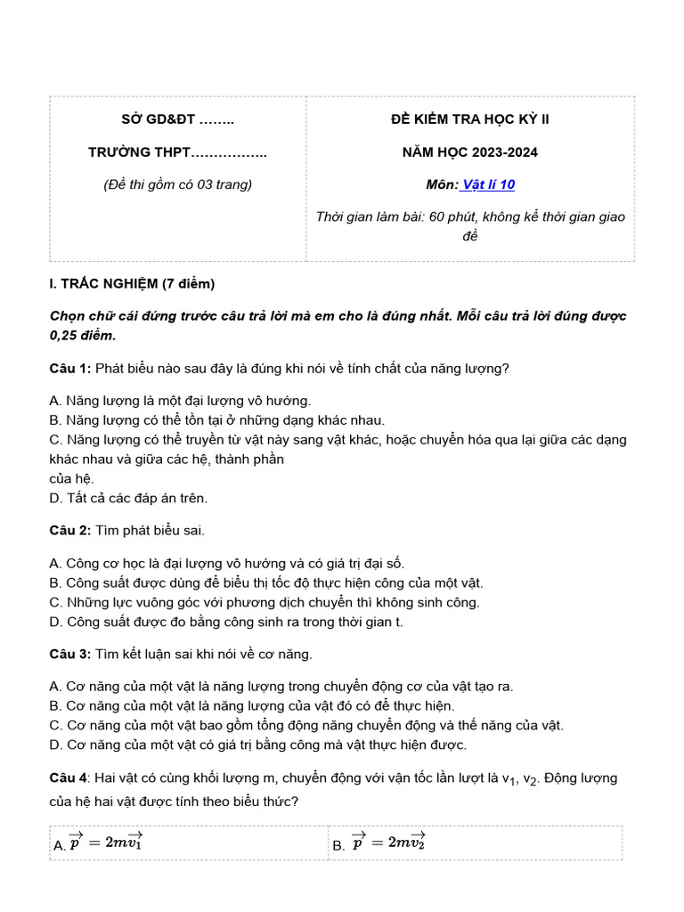 De Thi hk2 Vat Li 10 CTST de 1 | PDF