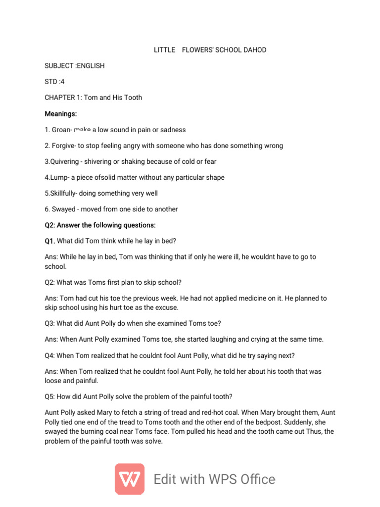 STD 4 Lesson 1 Tom and His Tooth | PDF