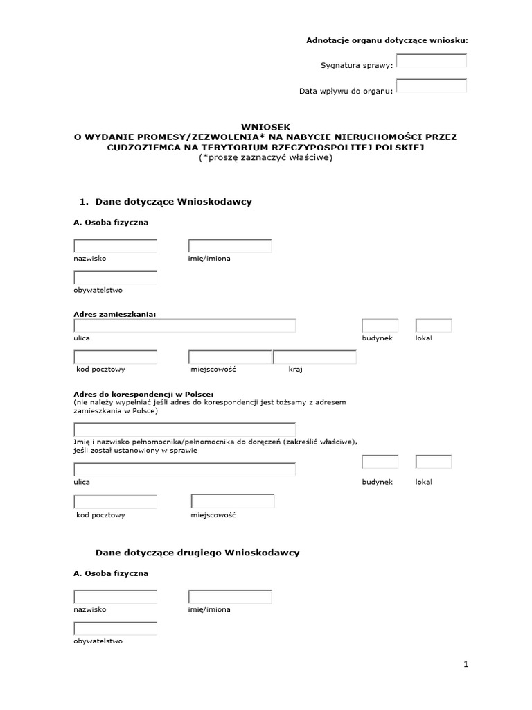 Wniosek o Wydanie Zezwolenia Na Nabycie Nieruchomosci Przez Cudzoziemca | PDF