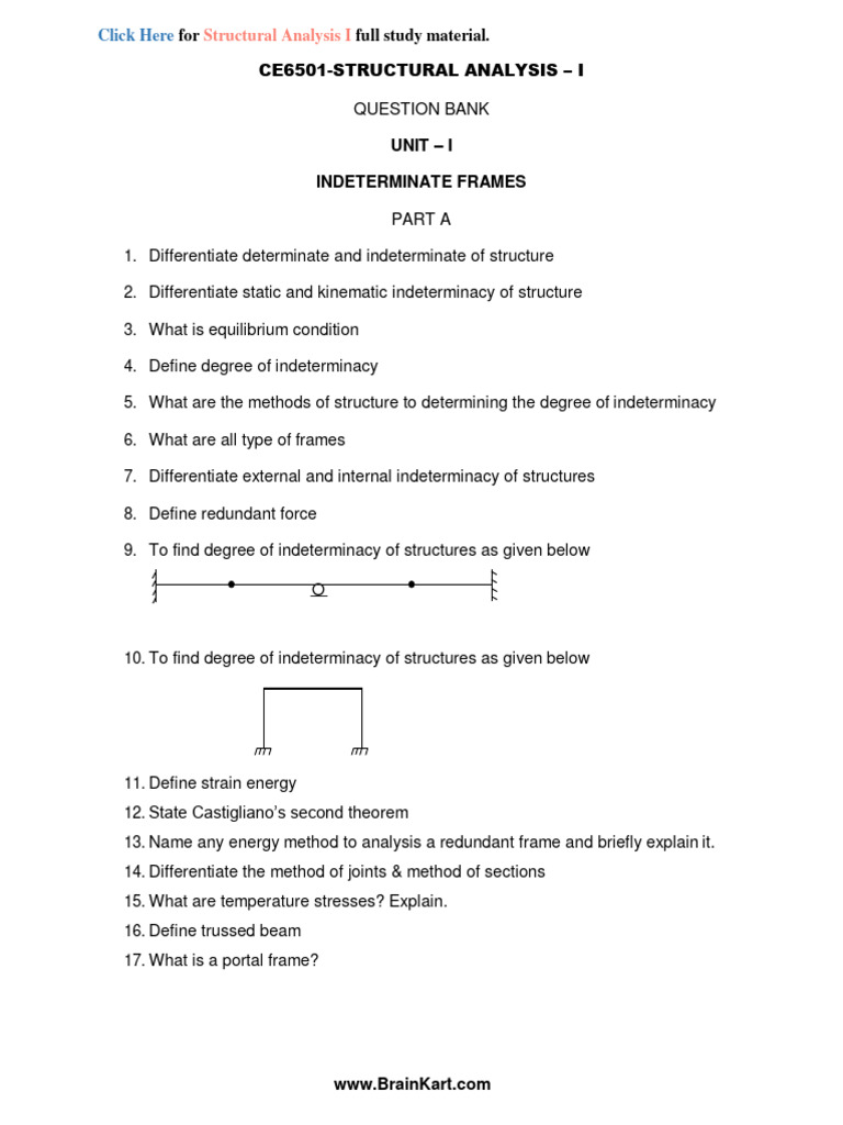 047 - CE6501 Structural Analysis I - Question Bank | PDF | Bending | Beam (Structure)