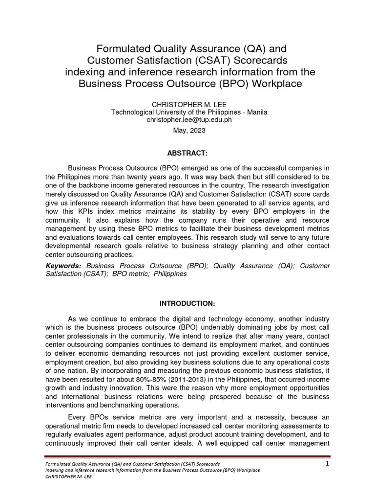 Formulated Quality Assurance (QA) and Customer Satisfaction (CSAT) Scorecards Indexing and ...