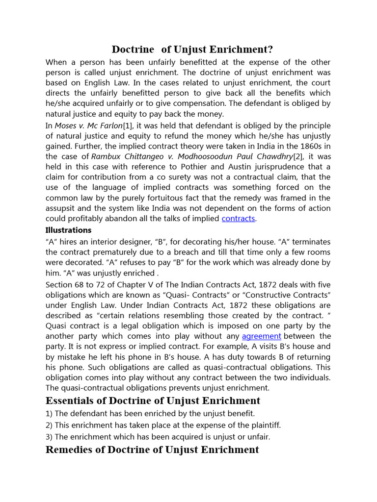 Unjust Enrichment in Indian Contract Law | PDF | Negligence | Damages