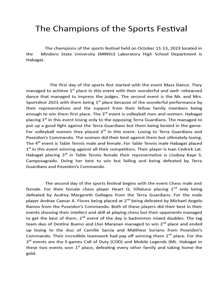 The Champions of The Sports Festival | PDF | Sports