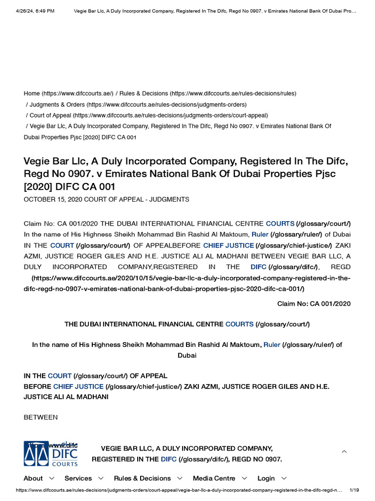 Vegie Bar LLC, A Duly Incorporated Company, Registered in The Difc ...