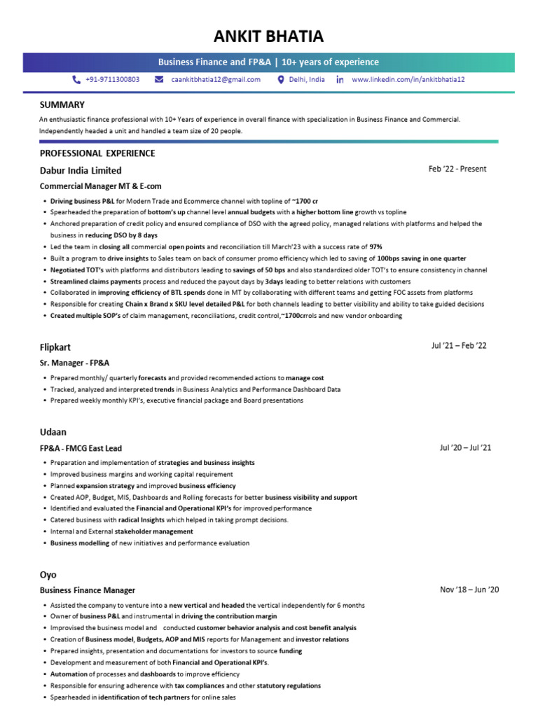 CV - Ankit Bhatia - CA - 10+years - Business Finance | PDF | Audit ...