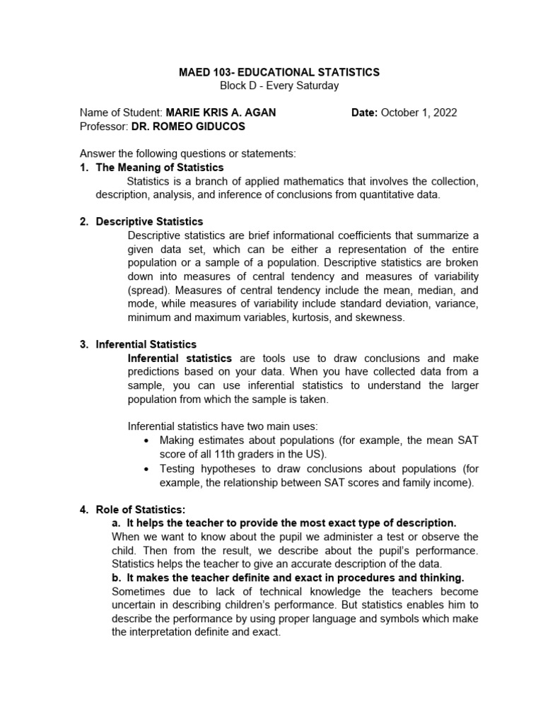 Assignment MAED 103 Educational Statistics MarieKris Agan | PDF | Statistics | Descriptive ...