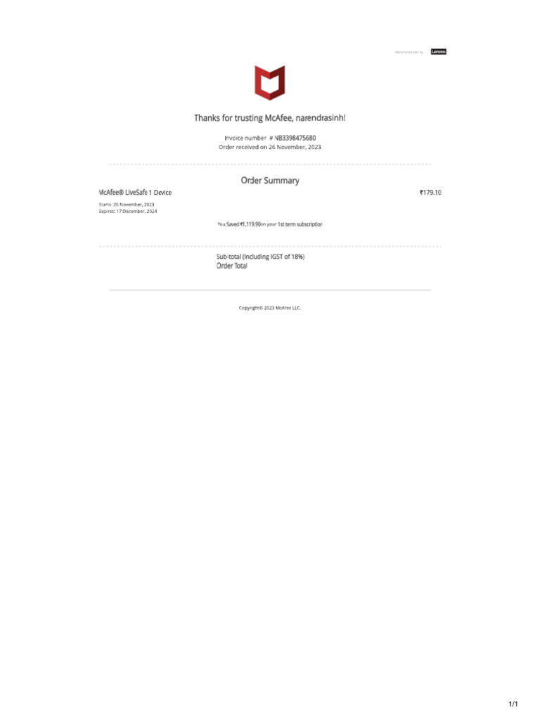 Mcafee Subscription Receipt | PDF