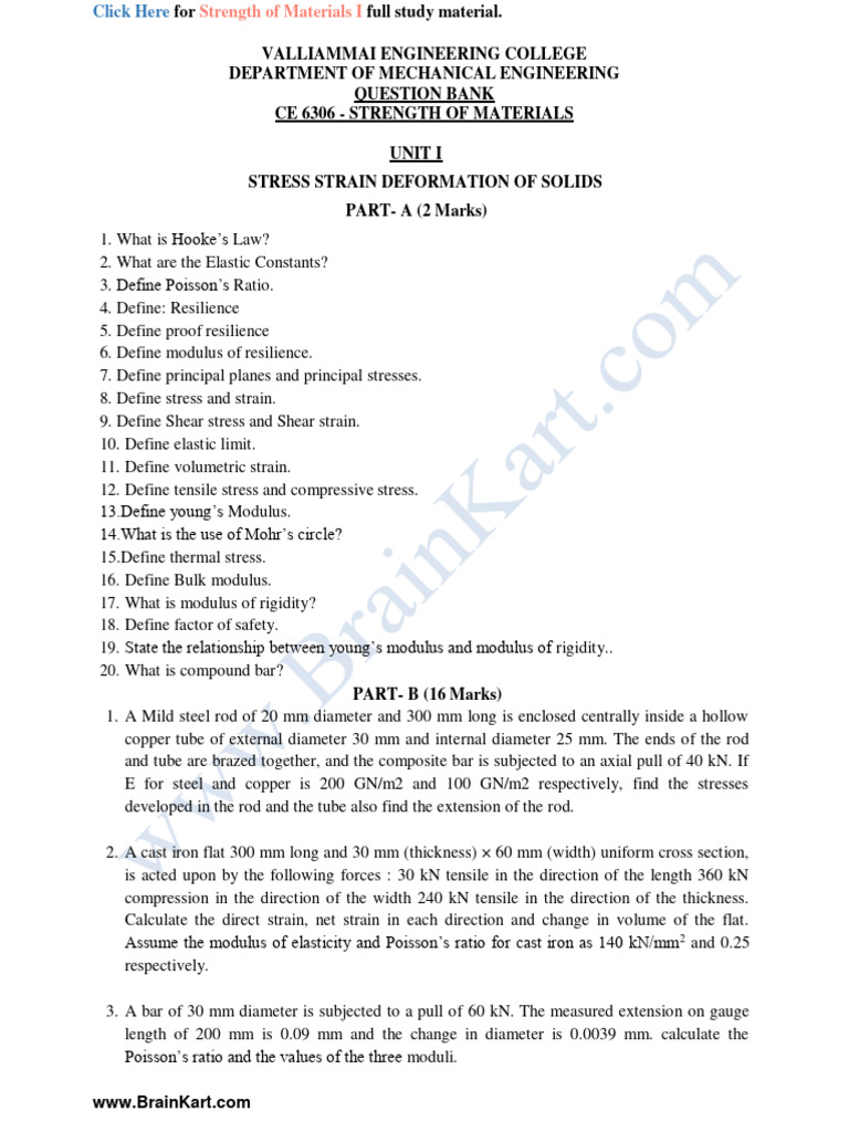 075 - CE8301, CE6306 Strength of Materials I - Question Bank | PDF ...