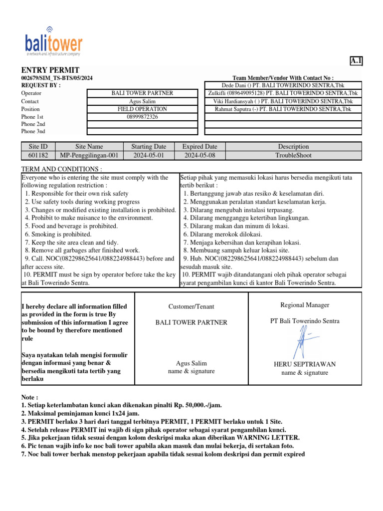 Site Access Permit Letter - 85002 - BALI TOWER PARTNER | PDF