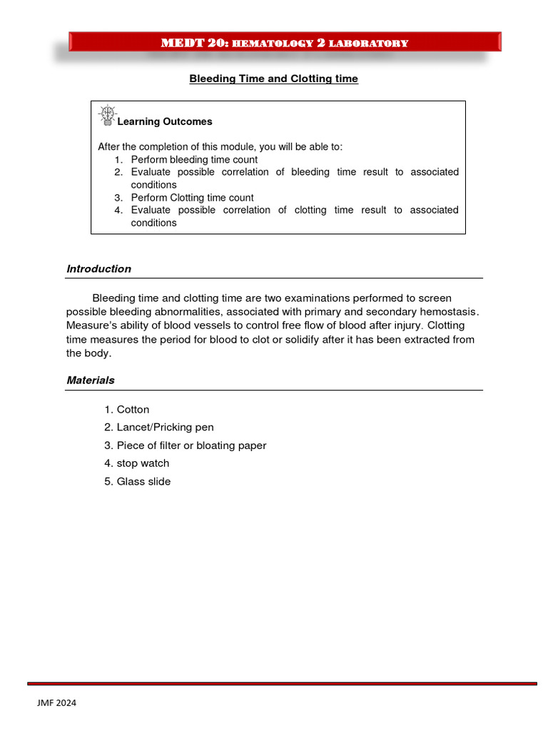 3 Hema 2 Laboratory Manual-Bleeding Time and Clotting Time | Download Free PDF | Bleeding ...