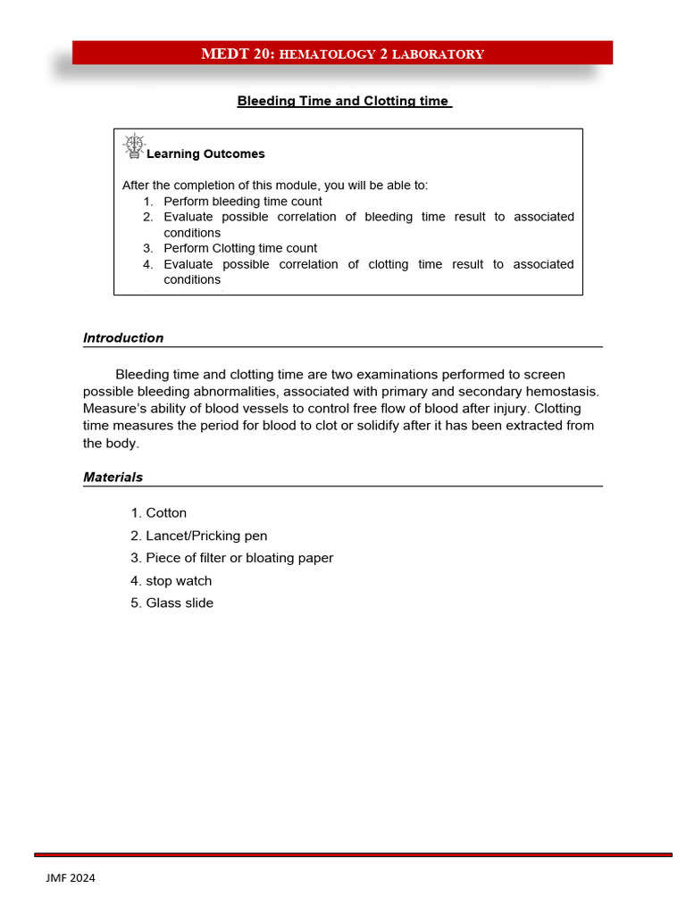 Bleeding and Clotting Time Procedures | PDF | Bleeding | Hemostasis