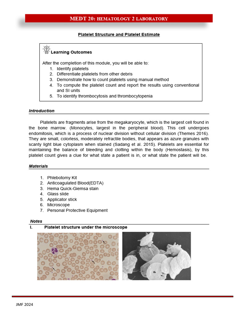 1 Hema 2 Laboratory Manual-Platele Count | PDF | Platelet | Staining