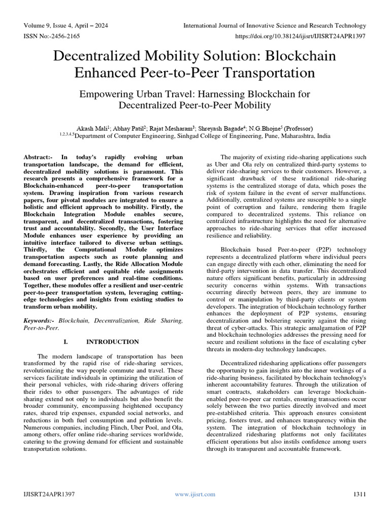 Decentralized Mobility Solution: Blockchain Enhanced Peer-to-Peer Transportation | PDF | Peer To ...