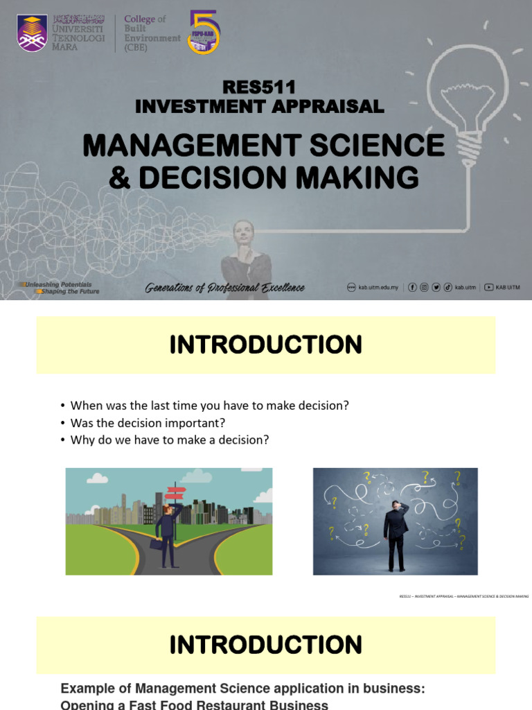 Res511 Topic 1 Introduction To Management Science Techniques in Property Investment Analysis ...