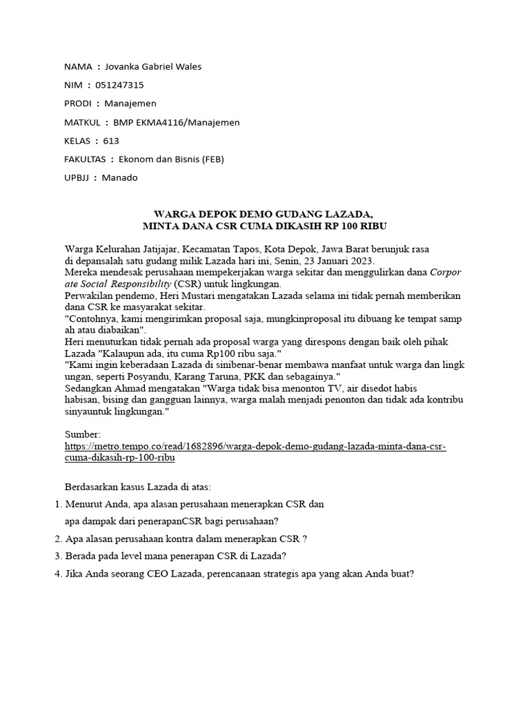 Tugas Manajemen CSR Lazada Depok | PDF
