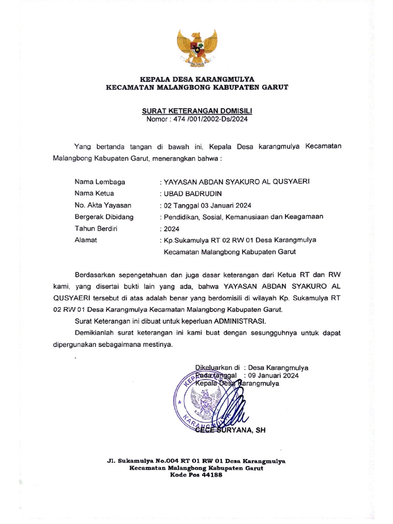 Domisili Yayasan Abdan Syakuro | PDF