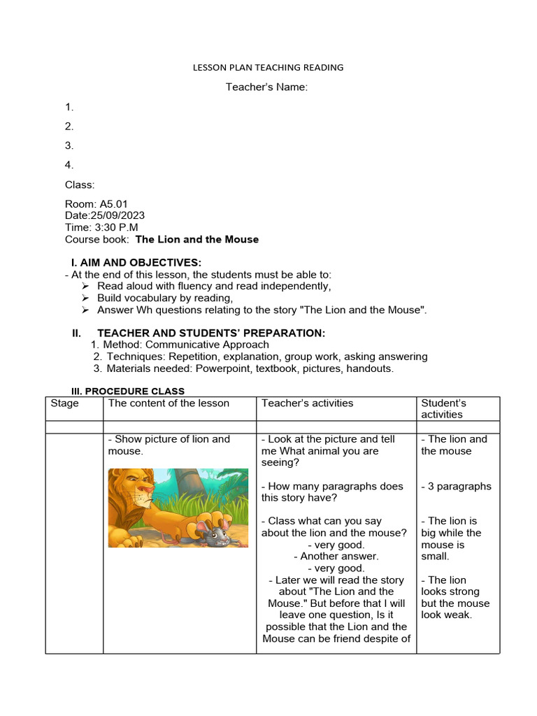 Reading Lesson Plan: Lion and Mouse | PDF | Lesson Plan | Cognition