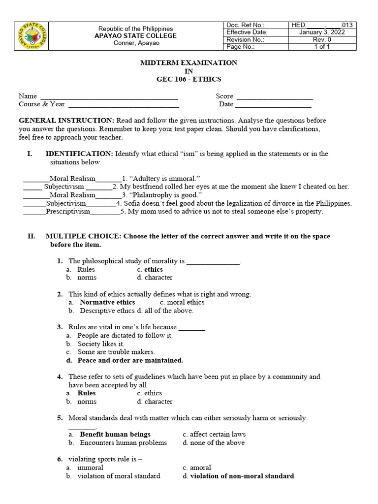 Ethics Midterm Exam | PDF | Morality | Liberal Arts Education Ethics Midterm Exam | PDF | Morality | Liberal Arts Education