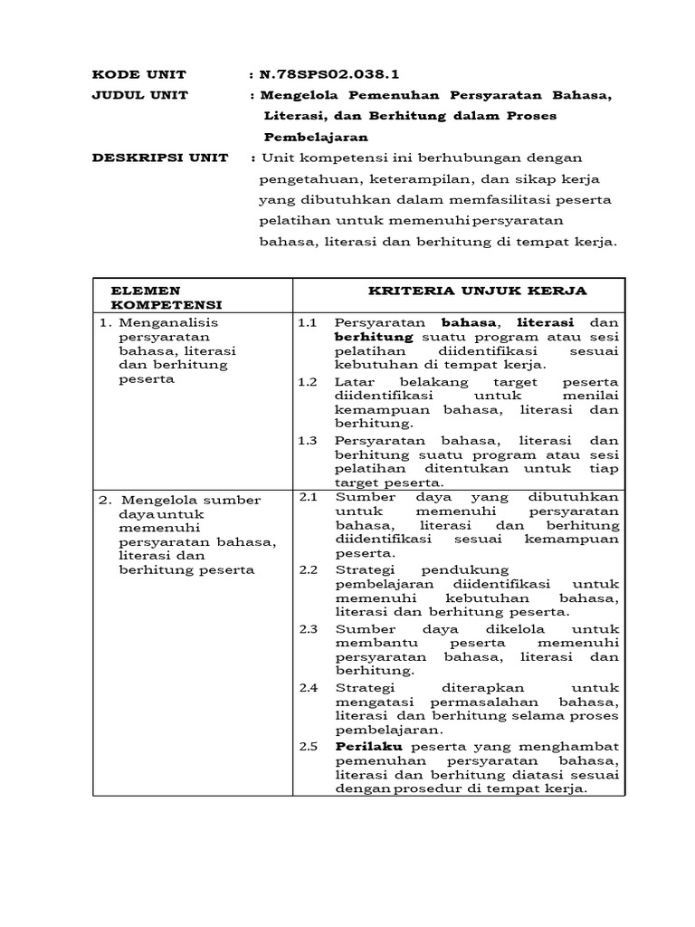 Unit Kompetensi N.78SPS02.038.1 Bahasa-Literasi Dan Berhitung | PDF