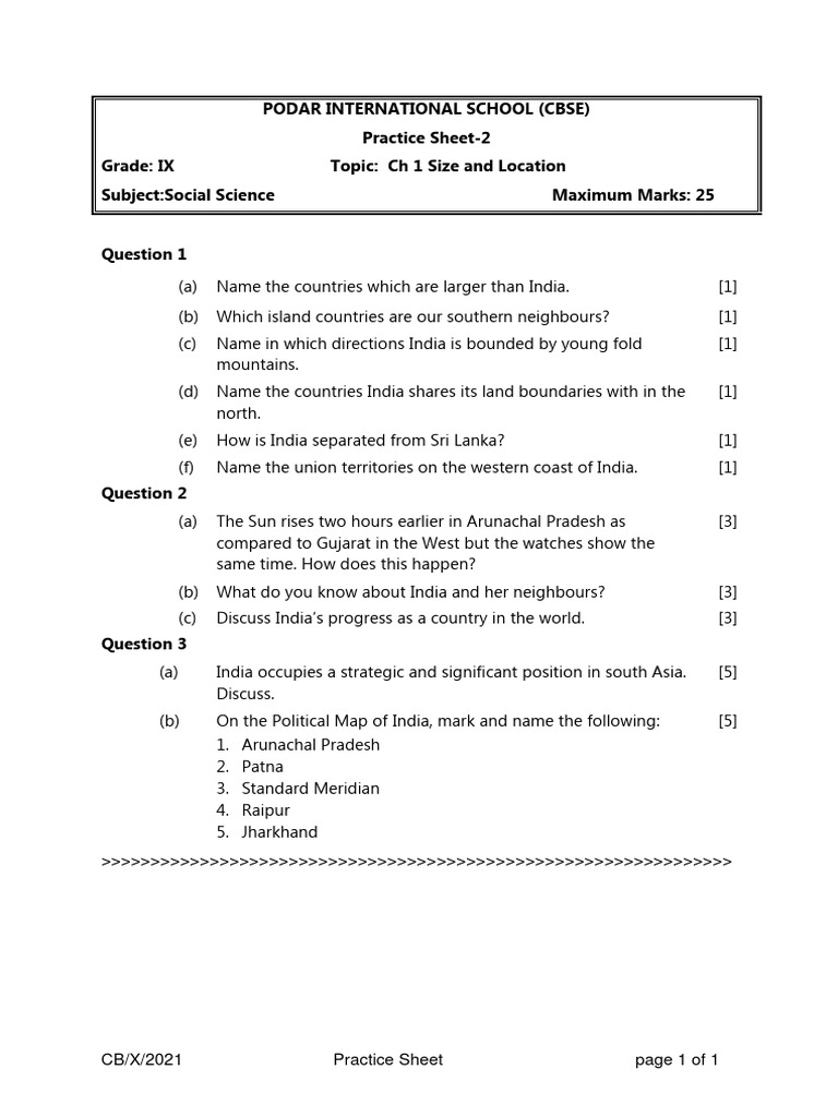 QP - CBSE - IX - SS - CH 1 Size and Location - Practise Sheet - 2 | PDF