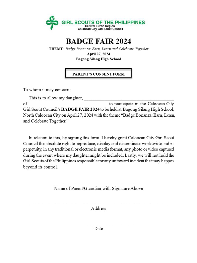 Parents Consent Form | Download Free PDF | Girl Guiding And Girl ...