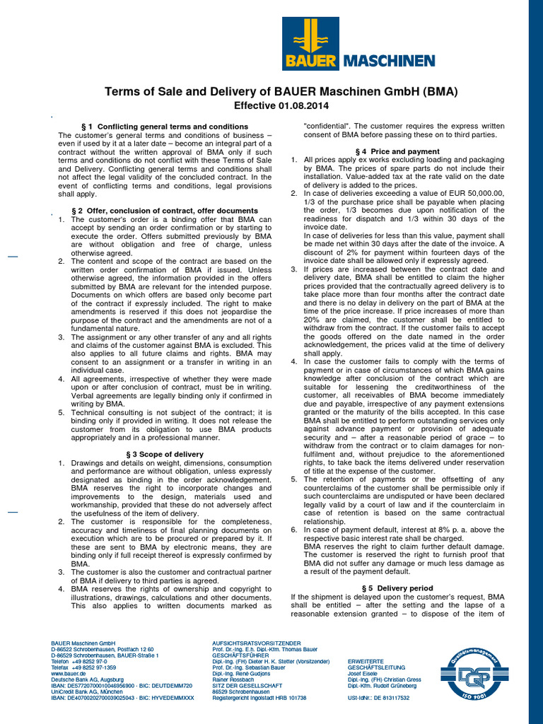 BAUER TERMS 910 671 2 Bma | PDF | Legal Liability | Breach Of Contract