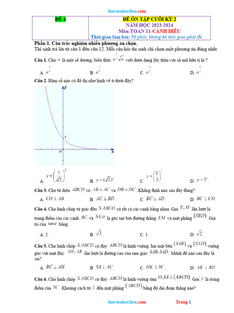 De On Thi HK2 Toan 11 Canh Dieu de 4 Hay | PDF