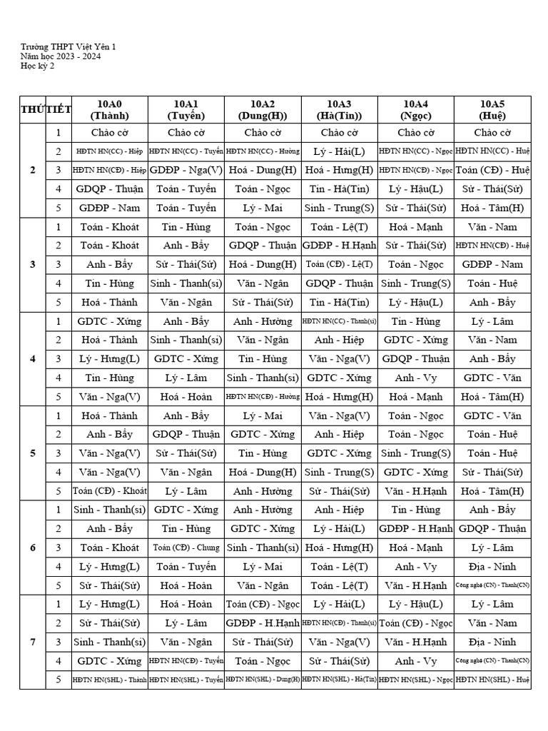 Thứtiết 10A0 (Thành) 10A1 (Tuyến) 10A2 (Dung (H) ) 10A3 (Hà (Tin) ) 10A4 (Ngọc) 10A5 (Huệ) | PDF