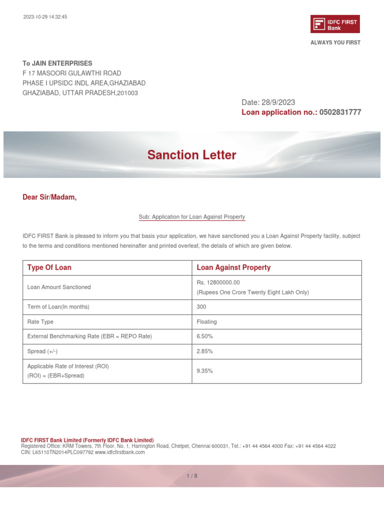 Loan Senction Letter IDFC FIRST BANK FOR A-98 | PDF | Mortgages | Loans