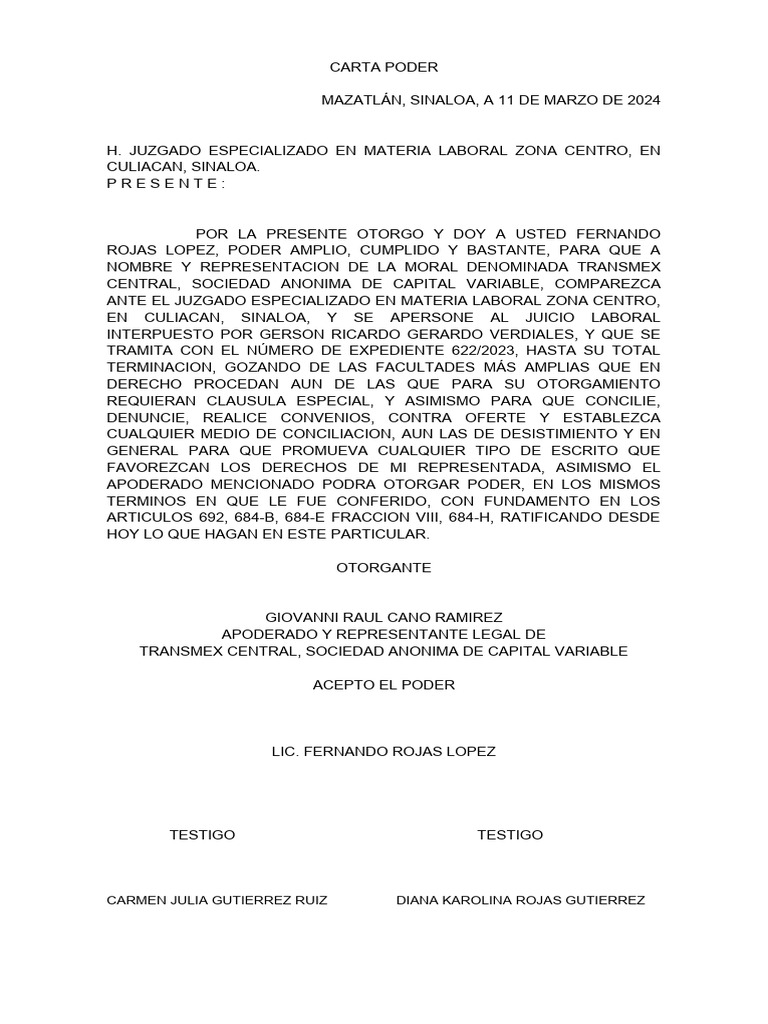 Carta Poder Juzgado Laboral Culiacan 1 | PDF
