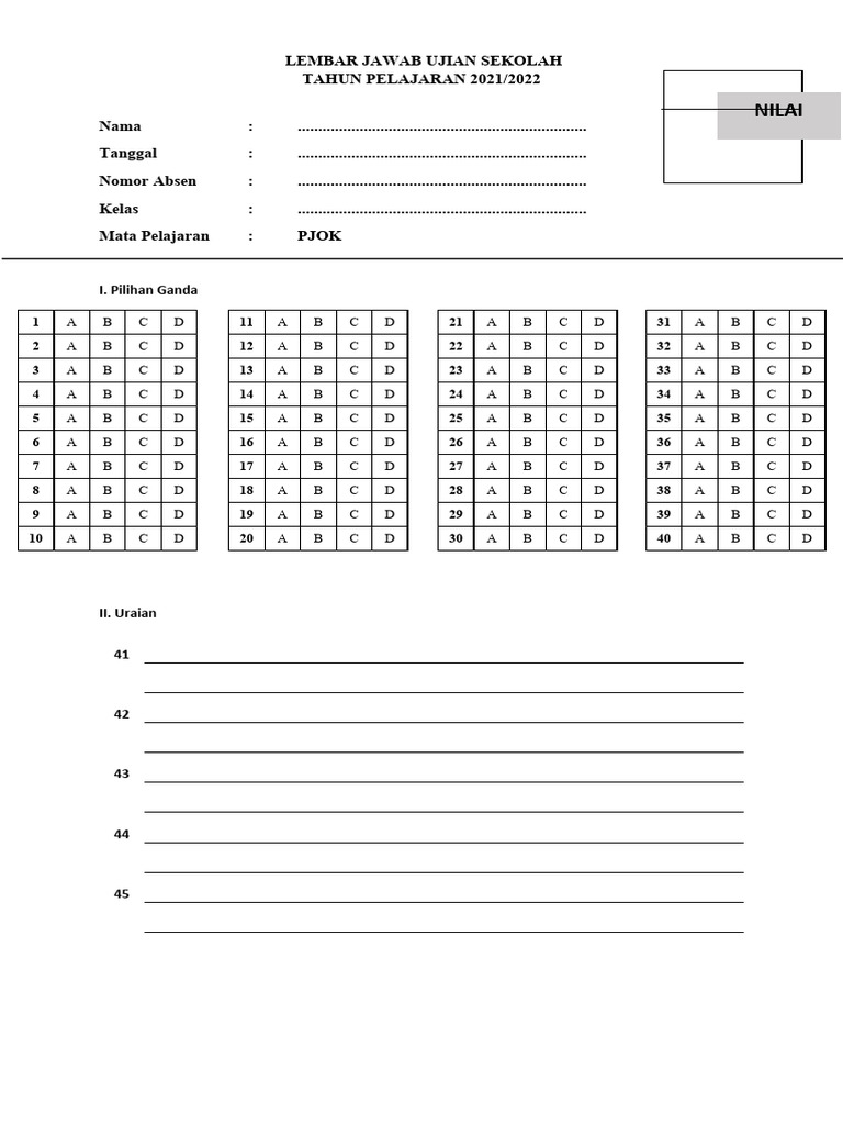 Lembar Jawab Ujian Sekolah Pjok 2021-2022 | PDF