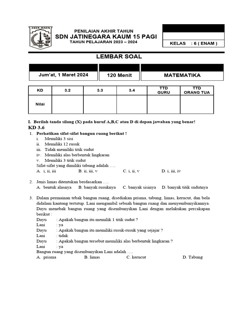 Soal Pat MTK Semester 2 Kelas 6 SD | PDF